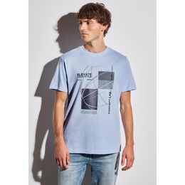 T-Shirt Street One MEN, Herren, Gr. L (42), blau (soft blau), Web, 100% Baumwolle, bedruckt, gerade normal, Rundhals, B&uuml;ndchen, Shirts T-Shirt, aus reiner Baumwolle