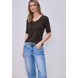 T-Shirt Street One, Damen, Gr. 34, espresso braun, Web, 50% Modal, 50% Baumwolle, unifarben, Basic, normal normal, V-Ausschnitt, normaler Saum, Shirts T-Shirt, im soften Baumwoll-Mix
