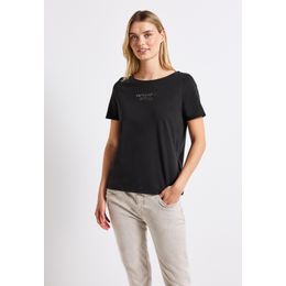 T-Shirt Street One, Damen, Gr. 34, schwarz, Web, 100% Baumwolle, bedruckt, normal normal, Rundhals, B&uuml;ndchen, Shirts T-Shirt, aus reiner Baumwolle