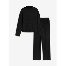 bonprix Weit geschnittener Loungewear Hausanzug aus weicher Rippe, schwarz, Gr.48/50 (XL), Moderner oversized Loungewear Hausanzug mit Stehkragen, weiten &Auml;rmeln und weiter Hose sowie seitlichen Eingriffstaschen, aus Rippware,Viskose