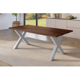 Esstisch Julius / Holz Nussbaum-Optik / 200x100 / X-Gestell Silber