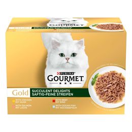 Gourmet GOLD Saftig-feine Streifen Sorten-Mix Katzen-Nassfutter mit Lachs, Rind, Huhn und Hochseefisch 96x85g
