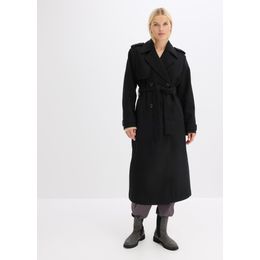 bonprix Trenchcoat in Wolloptik, schwarz, Gr.44, Mantel mit Bindeband und einer Passe vorne