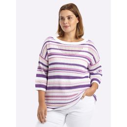 sheego Gro&szlig;e Gr&ouml;&szlig;en 3/4 Arm-Pullover im Ajour-Strick, orchidee-wei&szlig;-geringelt, Gr&ouml;&szlig;e 56/58 - Damen