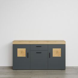 Sideboard Home Affaire "Ghent", eiche mit anthrazit, B:160cm H:86cm T:42cm, FSC-zertifizierter Holzwerkstoff, Kunststoff, Sideboards, Sideboard, Sideboard mit 3 T&uuml;ren & 1 Schublade - (B/T/H) 160/42/86 cm