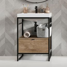 evineo ineo3 Waschtisch mit Waschtischunterschrank und Metallkonsole B: 61 cm, BE0409WH+BE0710BM+BE0770OP,