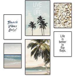 Poster Artland "Strandleben unter Palmen", beige (farbe bild(er): naturfarben), B:42cm H:29,7cm, Bilder, Poster, Bilder Set, 6tlg. 4xDIN A4 / 2xDIN A3, ohne Rahmen