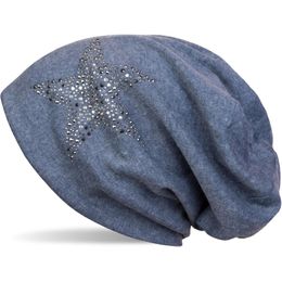 Beanie styleBREAKER "Beanie M&uuml;tze mit Strass Nieten Stern", Herren, blau (jeansblau meliert), Obermaterial: 100% Viskose CV., Modisch, M&uuml;tzen Beanie
