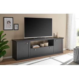 Lowboard Home Affaire "Lincoln, moderner TV-Schrank, schwarze Kommode, TV-Unterschrank", schwarz matt, B:205cm H:62cm T:42cm, FSC-zertifizierter Holzwerkstoff, Sideboards, Lowboard, edles Design, messingfarbene Knopfgriffe, in 2 Gr&ouml;&szlig;en verf&uuml;gbar