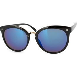 Sonnenbrille styleBREAKER "Cat Eye Sonnenbrille Material-Mix-Rahmen", Damen, blau (gestell schwarz, glas blau verspiegelt), Modisch, Sonnenbrillen Sonnenbrille