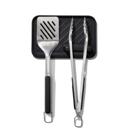 Grillbesteck-Set OXO GOOD GRIPS "3-teiliges Wender- & Zangen-Set", silber, schwarz, Edelstahl, Grillbesteck-Sets