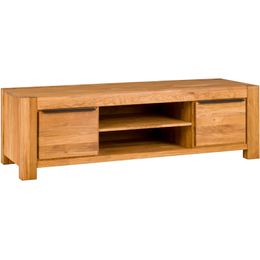 Lowboard Home Affaire "SINA B/T/H: 173/45/51cm, schwarze Griffe, teilmassiv", braun, Eiche, Holz teilmassiv, Sideboards, Lowboard, 2 offene F&auml;cher, holzt&uuml;r inkl. D&auml;mpfer