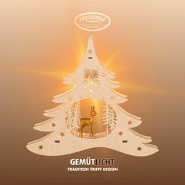 Dekobaum Weigla "beleuchtetes Fensterbild Tannenbaum geschnitztes Reh, Made in Germany", beige (natur, braun), H:28,5cm T:5cm, Holzwerkstoff, Dekofiguren, Erzgebirge garantiert, Weihnachtsdeko Innen, Weihnachtsbeleuchtung