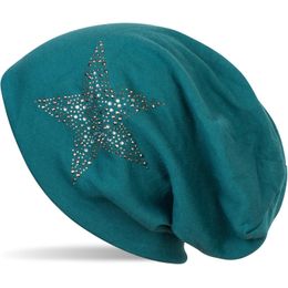 Beanie styleBREAKER "Beanie M&uuml;tze mit Strass Nieten Stern", Herren, blau (petrol), Obermaterial: 100% Viskose CV., Modisch, M&uuml;tzen Beanie