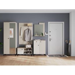 Garderoben-Set Home Affaire "Luminara", cashmere (beige), eiche, B:245cm H:199cm T:41cm, Floatglas, Holzwerkstoff, MDF, Metall, Kastenm&ouml;bel-Sets, Komplettset: Schrank mit Spiegel, Sitzbank, Paneel, Kommode & Spiegel