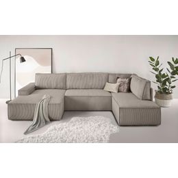 Wohnlandschaft Home Affaire "SHERWOOD U-Form, 329 cm - OTTO. Verl&auml;ssliche Qualit&auml;t.", greige, B:329cm H:85cm T:195cm, 100% Polyester, Sofas, Wohnlandschaft, Schlaffunktion m. Bettkasten (194x139 cm), Cord, Vintage, Samtvelours
