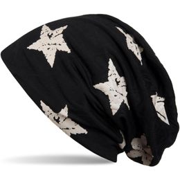 Beanie styleBREAKER "Beanie mit Sterne Print im Destroyed Look", Herren, schwarz, Obermaterial: 50% Viskose CV. 50% Polyester PES., Modisch, M&uuml;tzen Beanie