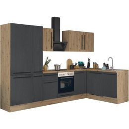 Winkelk&uuml;che KOCHSTATION "Florida, Stellbreite 310x175 cm", schwarz (k&uuml;che: schwarz, front: artisan eiche, schwarz matt, korpus: artisan eiche, arbeitsplatte: artisan eiche), B:310cm H:211cm T:60cm, Komplettk&uuml;chen-Sets, wahlweise mit E-Ger&auml;ten, mit Softclose f&uuml;r T&uuml;ren und Schubk&auml;sten