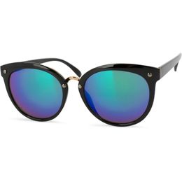 Sonnenbrille styleBREAKER "Cat Eye Sonnenbrille Material-Mix-Rahmen", Damen, gr&uuml;n (gestell schwarz, glas gr&uuml;n, blau verspiegelt), Modisch, Sonnenbrillen Sonnenbrille