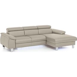Ecksofa COTTA "Komaris L-Form, B: 244 cm", grau, B:244cm H:72cm T:166cm, Microfaser PRIMABELLE (100% Polyester);Kunstleder SOFTLUX(100%Polyurethan);Feinstruktur (100% Polyester);Kunstleder SOFTLUX/Struktur (100%Polyurethan, 90%Polyester, 10% Polyacryl), Sofas, Ecksofa, mit Kopfteilverstellung, optional Bettfunktion, Bettkasten & Licht