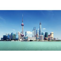 Fototapete papermoon "SHANGHAI-STADT CHINA SKYLINE BR&Uuml;CKEN UFER FLUSS STRAND", bunt, B:3m L:2,23m, Vlies, Tapeten