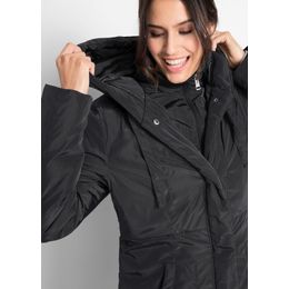 Kurzmantel bonprix, Damen, Gr. 54, schwarz, Web, Obermaterial: 100% Polyester. Futter: 100% Polyester. F&uuml;llung: 100% Polyester, unifarben, gerade kniefrei, M&auml;ntel Kurzmantel, leicht taillierte Passform, 2-in-1-Optik, Kapuze, 2-Wege-Zipper