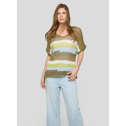 Strickpullover Rabe, Damen, Gr. 50, thymian, Strick, Obermaterial: 58% Baumwolle, 30% Polyacryl, 6% Polyamid, 3% Polyester, 2% sonstige Fasern, 1% metallisierte Fasern, gestreift, normal Po-bedeckend, Rundhals, B&uuml;ndchen, Pullover Strickpullover, Halbarm mit Colorblocking-Streifen und im H&auml;kel-Look