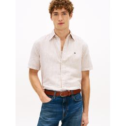 Kurzarmhemd Tommy Hilfiger "LINEN BLEND BENGAL STRIPE", Herren, Gr. XL, N-Gr, sandalwood, stripe, Web, Obermaterial: 52% Baumwolle, 48% Leinen, regular fit, Hemden, regular fit, gestreift, Button-down-Kragen