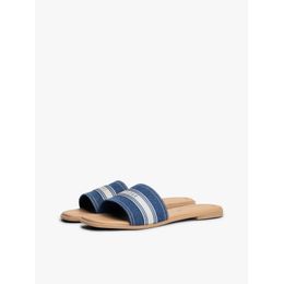 Pantolette Tommy Hilfiger "FLAT MULE WEBBING", Damen, Gr. 36, denim, Textil, unifarben, Schuhe Pantolette, Sommerschuh, Flats mit modischem Kontrastbesatz