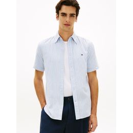 Kurzarmhemd Tommy Hilfiger "LINEN BLEND BENGAL STRIPE", Herren, Gr. L, N-Gr, cloudy blau, stripe, Web, Obermaterial: 52% Baumwolle, 48% Leinen, regular fit, Hemden, regular fit, gestreift, Button-down-Kragen