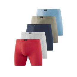 H.I.S. Langer Boxer H.I.S "Langer Boxer Boxershorts f&uuml;r Herren", Herren, Gr. 4 (S), 5 Stk., rot, dunkelblau, hellblau, grau, khaki, Jersey, Obermaterial: 95% Baumwolle, 5% Elasthan, unifarben, k&ouml;rpernah, Unterhosen, Boxershorts f&uuml;r Herren, mit Logo am Bund