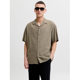 Jack & Jones Kurzarmhemd JACK & JONES "JJESUMMER LINEN BLEND RESORT SHIRT SS SN", Herren, Gr. S, N-Gr, braun (dusty olive), Web, Obermaterial: 70% Baumwolle, 30% Leinen, unifarben, relaxed fit normal, V-Ausschnitt, Hemden, Baumwollmischung, relaxed fit