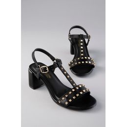 Riemchensandalette ANISTON SHOES, Damen, Gr. 42, schwarz, goldfarben, Lederimitat, Schuhe, Sommerschuh, Blockabsatz, Nietenverzierung - NEUE KOLLEKTION