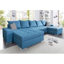 Wohnlandschaft Collection AB "Josy XXL U-Form, B: 333 cm, mit 2 Recamieren 77 & 97 cm", blau, B:333cm H:84cm T:161cm, 100% Polyester, Sofas, Wohnlandschaft, mit Bettfunktion, Bettkasten & 2 Zierkissen, Federkern