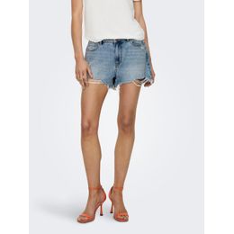 Jeanshotpants Only "ONLPACY HW DNM SHORTS NOOS", Damen, Gr. XS (34), N-Gr, blau (light blau denim), Denim/Jeans, Obermaterial: 100% Baumwolle, Destroyed-Effekte, slim fit kurz, Jeans Jeanshotpants, mit Destroyed Effekt