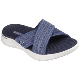Pantolette Skechers "GO WALK FLEX SANDAL-BUTTERFLY BLISS", Damen, Gr. 36, blau (navy), Textil, bestickt, unifarben, Schuhe Pantolette, Keilabsatz, Sommerschuh, Schlappen mit Goga Mat Footbed