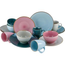 Kombiservice Creatable "Geschirr-Set Cosy Day", bunt (taupe, rosa, hellblau, petrol), 16 Stk., Steinzeug, Geschirr-Sets, Kombiservice, Service, Kreisstruktur, in Pastell-Farben, 16 Teile, f&uuml;r 4 Personen