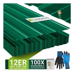 Juskys&reg; Profilblech Gr&uuml;n - 12er Set, 129x45 cm, 0,23 mm, verzinkter Stahl, UV-best&auml;ndig, hohe Tragf&auml;higkeit, mit vorgebohrten L&ouml;chern