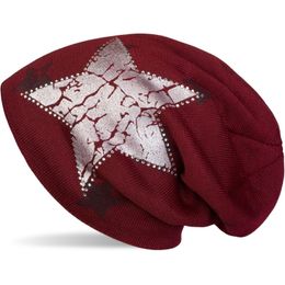 Strickm&uuml;tze styleBREAKER "Feinstrick Beanie mit Sternen und Strass", Damen, rot (bordeaux, rot), 100% Viskose CV., Modisch, M&uuml;tzen Strickm&uuml;tze