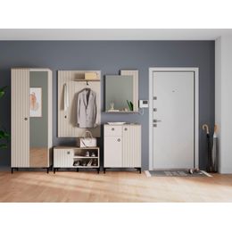 Garderoben-Set Home Affaire "Luminara", beige (cashmere (beige), eiche), B:245cm H:199cm T:41cm, Floatglas, Holzwerkstoff, MDF, Metall, Kastenm&ouml;bel-Sets, Garderoben-Set, Komplettset: Schrank mit Spiegel, Sitzbank, Paneel, Kommode & Spiegel