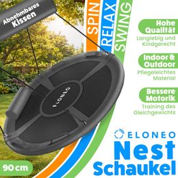 ELONEO Nestschaukel Outdoor & Indoor mit 90 oder 120 cm Durchmesser, Tellerschaukel, h&ouml;henverstellbare H&auml;ngeschaukel inkl. Kissen, Griffen und Zubeh&ouml;r-Set, Schwarz - 90cm