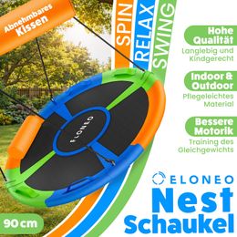 ELONEO Nestschaukel Outdoor & Indoor mit 90 oder 120 cm Durchmesser, Tellerschaukel, h&ouml;henverstellbare H&auml;ngeschaukel inkl. Kissen, Griffen und Zubeh&ouml;r-Set, Bunt - 90cm