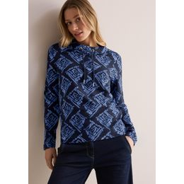 Rollkragenpullover Cecil, Damen, Gr. XL (44), blau (universal blau), Strick, Obermaterial: 48% Baumwolle, 48% Modal, 4% Elasthan, bedruckt, regular fit taillenbedeckt, Rundhals, Pullover Rollkragenpullover, mit All-Over Print und Stehkragen mit Kordelzug
