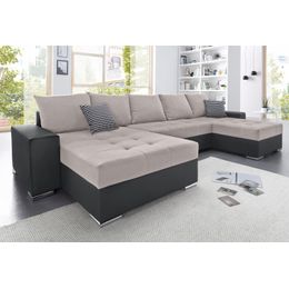 Wohnlandschaft Collection AB "Josy XXL U-Form, B: 333 cm, mit 2 Recamieren 77 & 97 cm", grau (schwarz, hellgrau), B:333cm H:84cm T:161cm, Kunstleder SOFTLUX/100% Polyester, Sofas, Wohnlandschaft, mit Bettfunktion, Bettkasten & 2 Zierkissen, Federkern