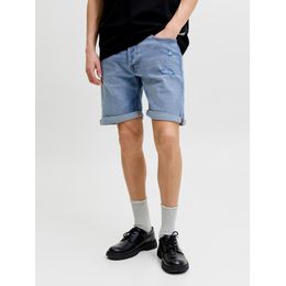 Jack & Jones Shorts JACK & JONES "JJIORIGINAL mit stylischem Aufschlag und Knopf", Damen, Gr. S, N-Gr, blau denim pack:am 366 with breaks, Web, Obermaterial: 98% Baumwolle, 2% Elasthan, unifarben, regular fit kniefrei, Hosen Shorts, mit stylischem Aufschlag
