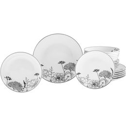 Teller-Set Creatable "Luna Black Flower, Teller Set 18-tlg", wei&szlig;, 18 Stk., Porzellan, Geschirr-Sets, Teller-Set, Harmonische Coupeform