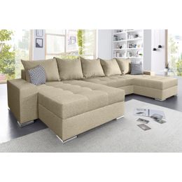 Wohnlandschaft Collection AB "Josy XXL U-Form, B: 333 cm, mit 2 Recamieren 77 & 97 cm", hellbraun, B:333cm H:84cm T:161cm, 100% Polyester, Sofas, Wohnlandschaft, mit Bettfunktion, Bettkasten & 2 Zierkissen, Federkern