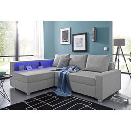 Ecksofa Collection AB "Relax L-Form", grau (hellgrau), B:223cm H:84cm T:91cm, Zierkissen: 100%Polyester;Struktur (100% Polyester);Microfaser PRIMABELLE (100% Polyester);Kunstleder SOFTLUX / Struktur (80% Polyester, 20% Acryl);Microfaser PRIMABELLE (100% Polyester) / Struktur (80% Polyester, 20% Acryl), Sofas, Ecksofa, inklusive Bettfunktion, Federkern, wahlweise mit RGB-LED-Beleuchtung