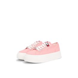 Plateausneaker Tommy Jeans "TJW FLATFORM SNEAKER CHARMS", Damen, Gr. 42, rosa, Baumwolle, unifarben, Schuhe Plateausneaker, Halbschuh, Schn&uuml;rer, Freizeischuh mit kleiner TJ-Flagge als Anh&auml;nger