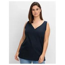 Tanktop sheego, Damen, Gr. 50, blau (tiefblau), 100% Baumwolle, unifarben, V-Ausschnitt, Tops Tanktop